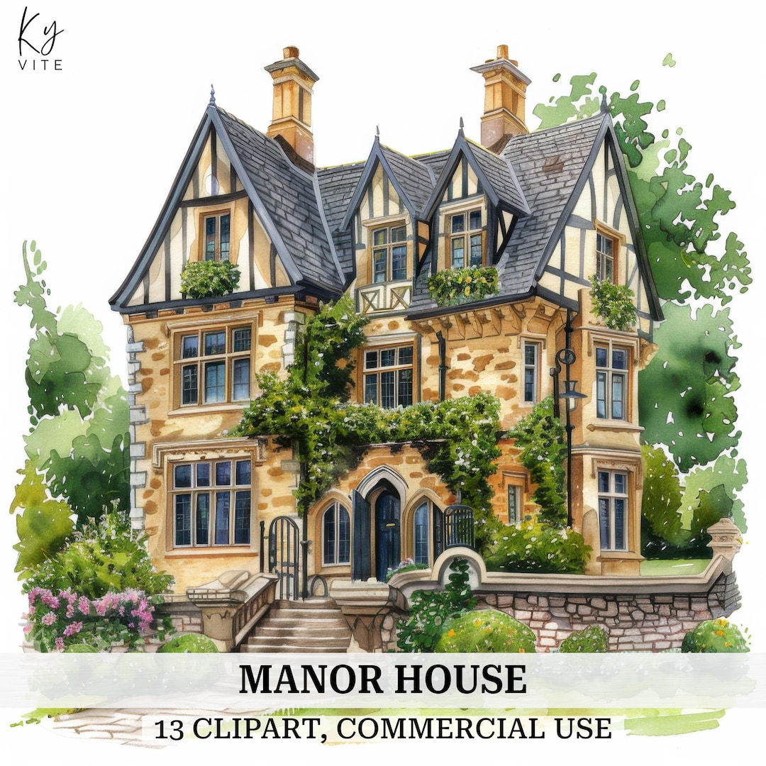 13 Manor House Clipart, Vintage Mansions, Printable Watercolor Clipart ...