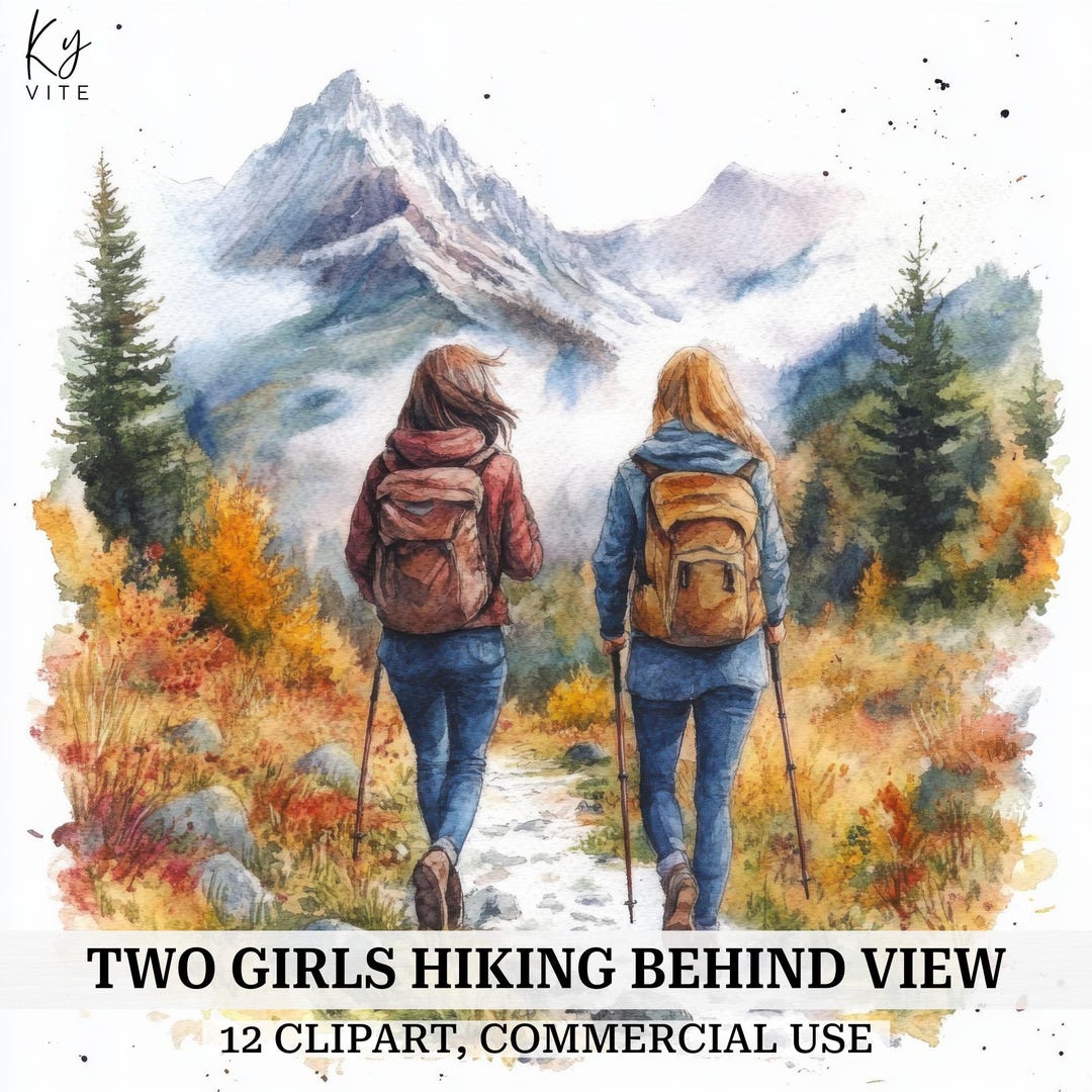 12 Two Girls Hiking Behind View Clipart, Autumn Hiking, Printable ...