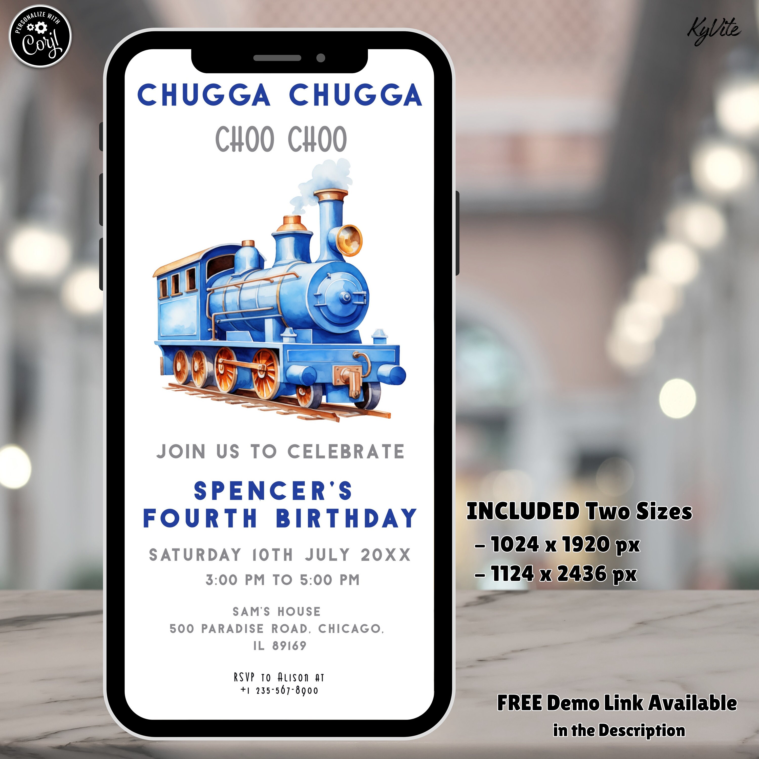 Editable Blue Train Birthday Phone/mobile Invite, Chagga Chagga Theme ...