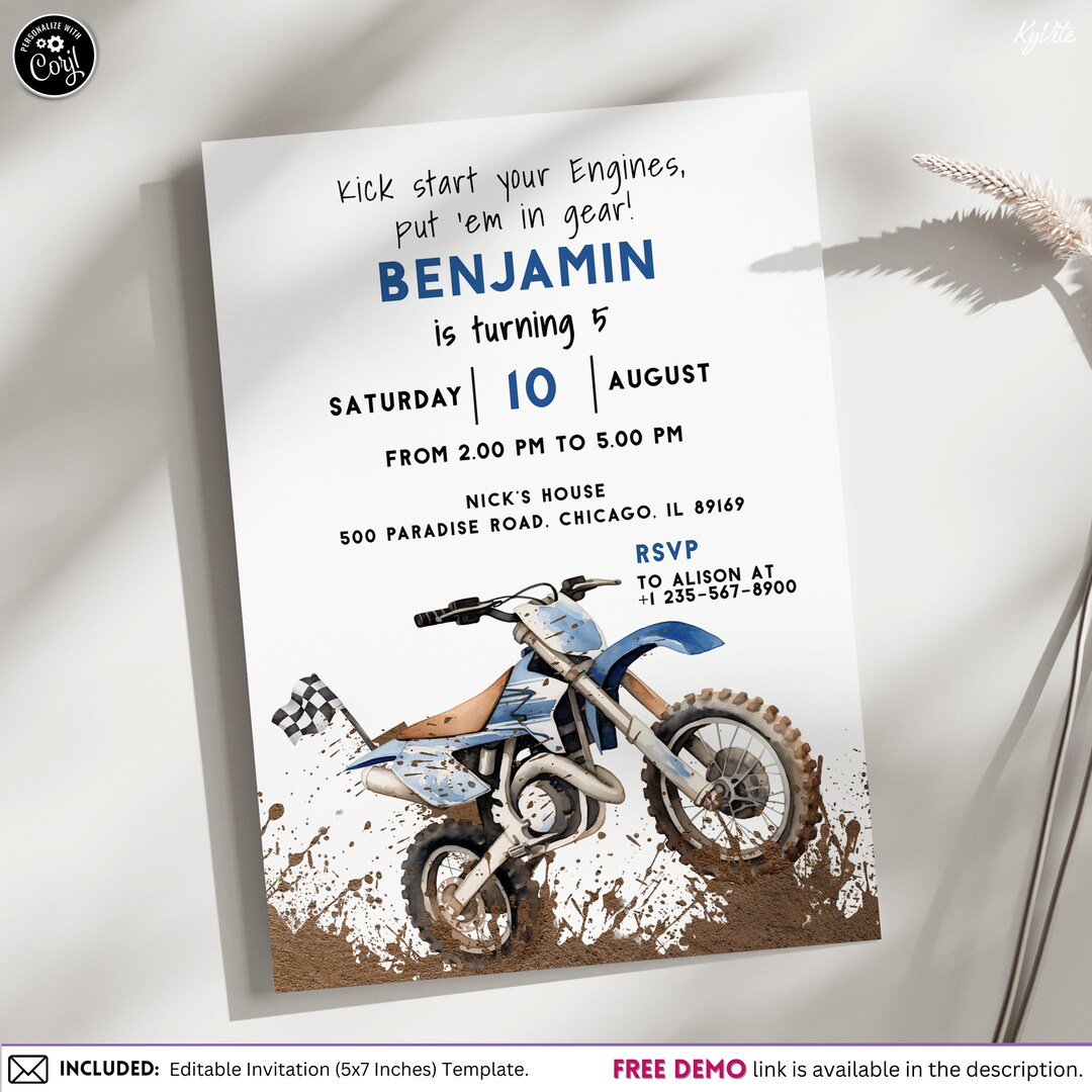 Editable Blue Dirt Bike Birthday Invitation, Motocross Racing ...