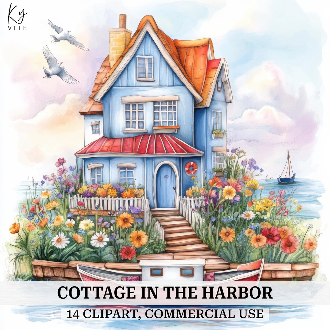 14 Cottage in the Harbor Clipart, Seaside Cottage Art, Printable ...
