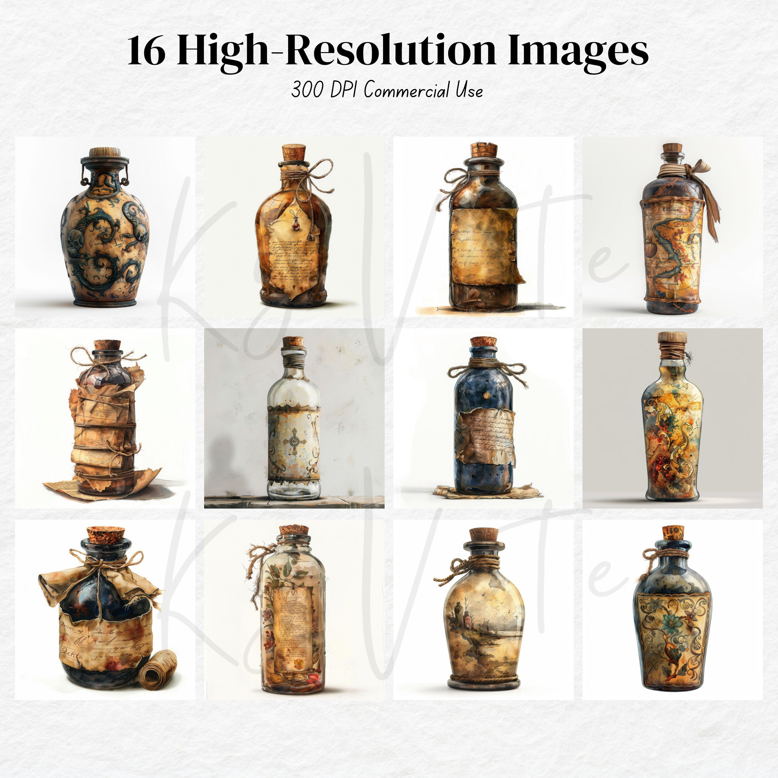 16 Antique Bottle Clipart, Bottle With Scroll, Printable Watercolor ...