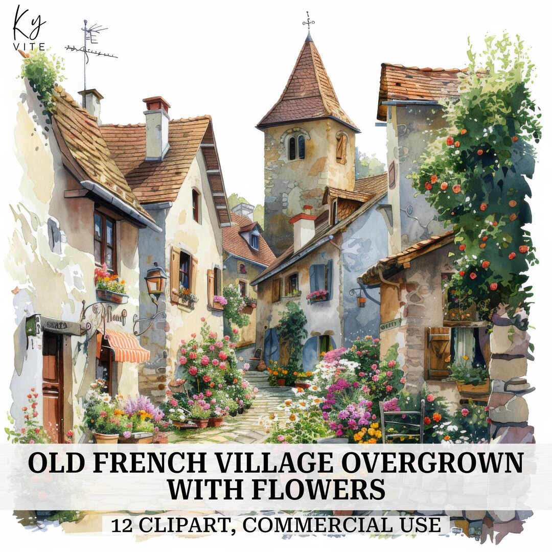 French Village Watercolor Clipart: Floral Cobblestone Streets (digital ...