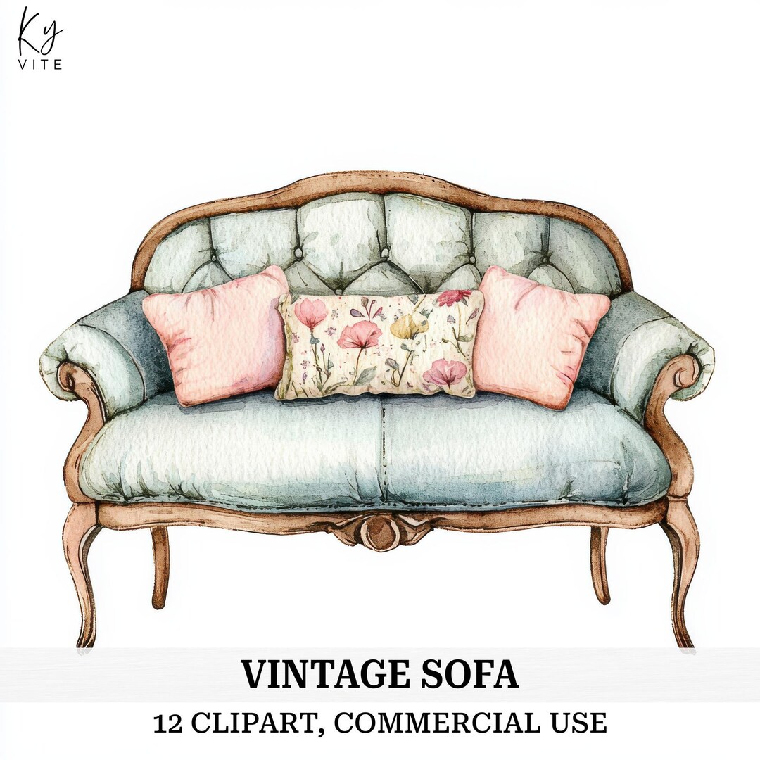 Vintage Watercolor Sofa Clipart: French Antique Couch Graphics (digital ...