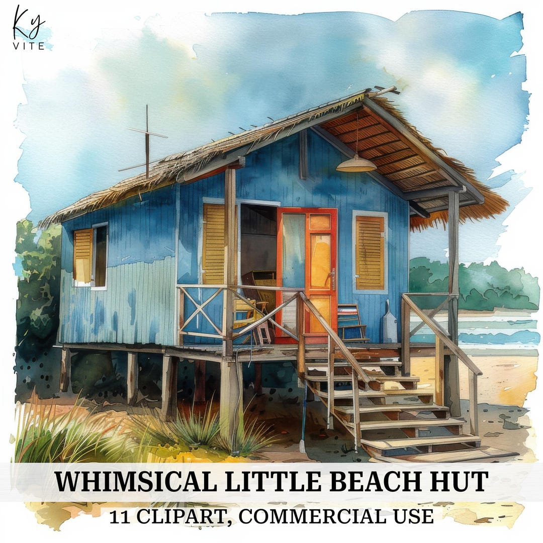 11 Whimsical Beach Hut Watercolor Clipart, Summer Beach House, Soft ...