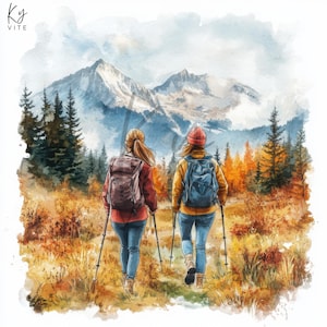 12 Two Girls Hiking Behind View Clipart, Autumn Hiking, Printable ...