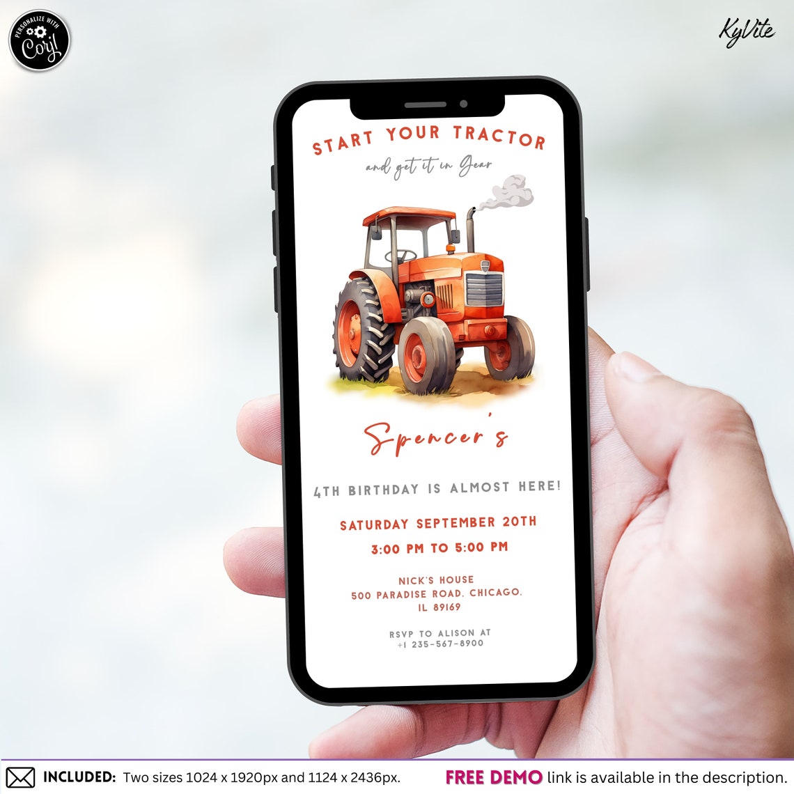 Editable Red Tractor Mobile Birthday Invitation, Red Tractor Modern E ...