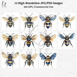 12 Blue Bee Digital Clipart, Steampunk Bee, Printable Watercolor ...