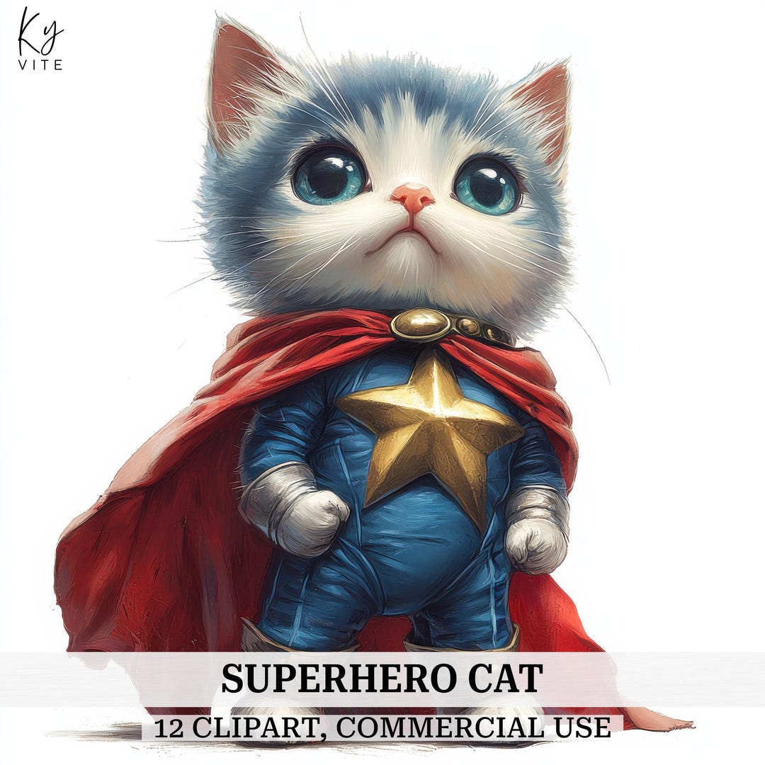 12 Superhero Cat Clipart, Whimsical Cat, Card Making, Journal ...