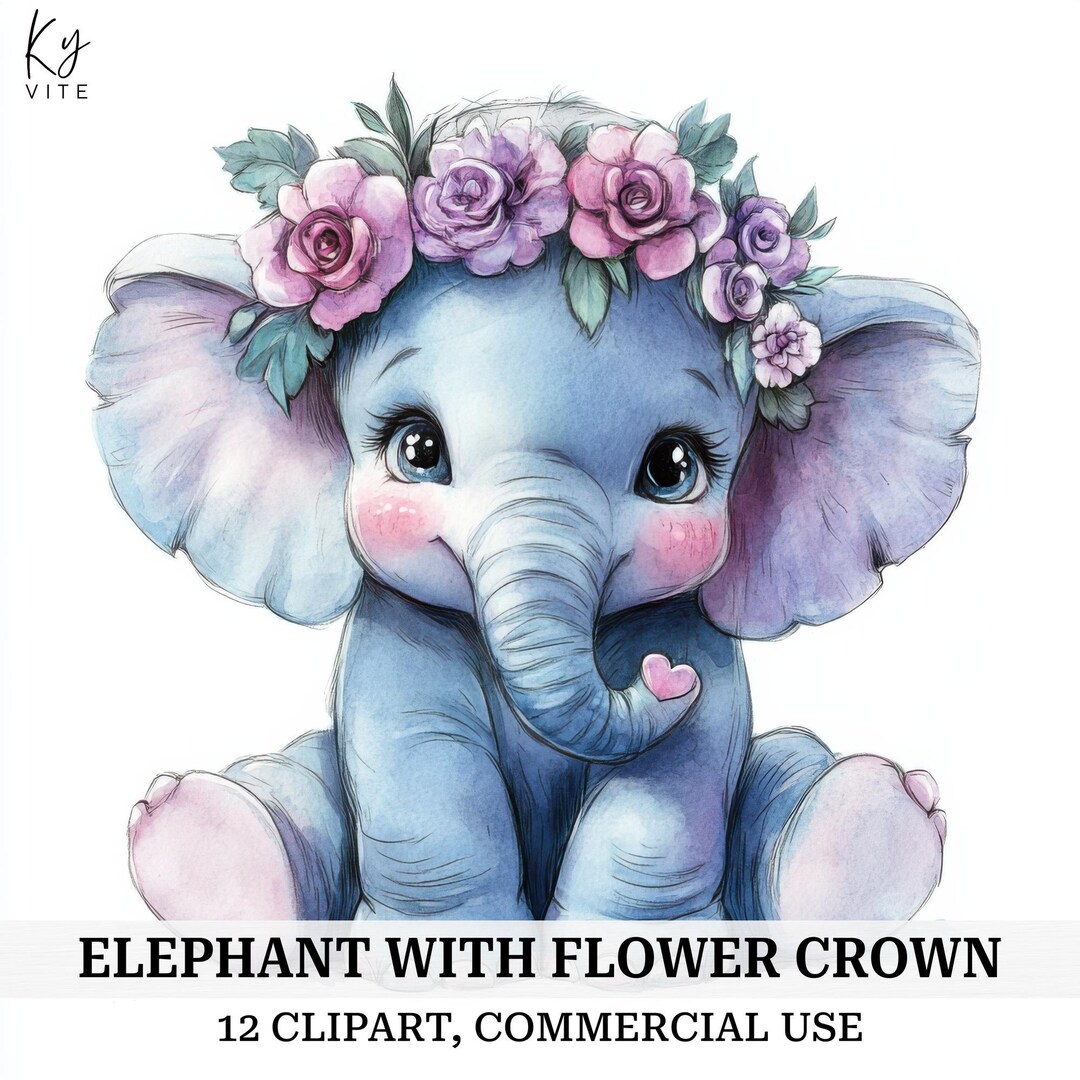 12 Floral Baby Elephant Clipart, Pastel Nursery Baby Elephant Art ...