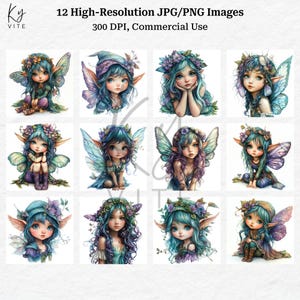12 Elf Clipart, Teal Purple Elf, Whimsical Elf, Printable Watercolor ...
