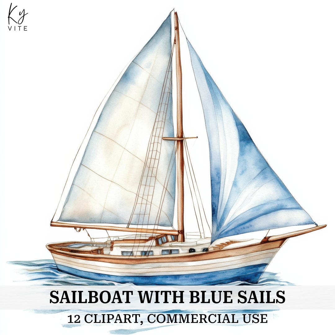 12 Sailboat With Blue Sails Clipart, Sea Art, Printable Watercolor ...