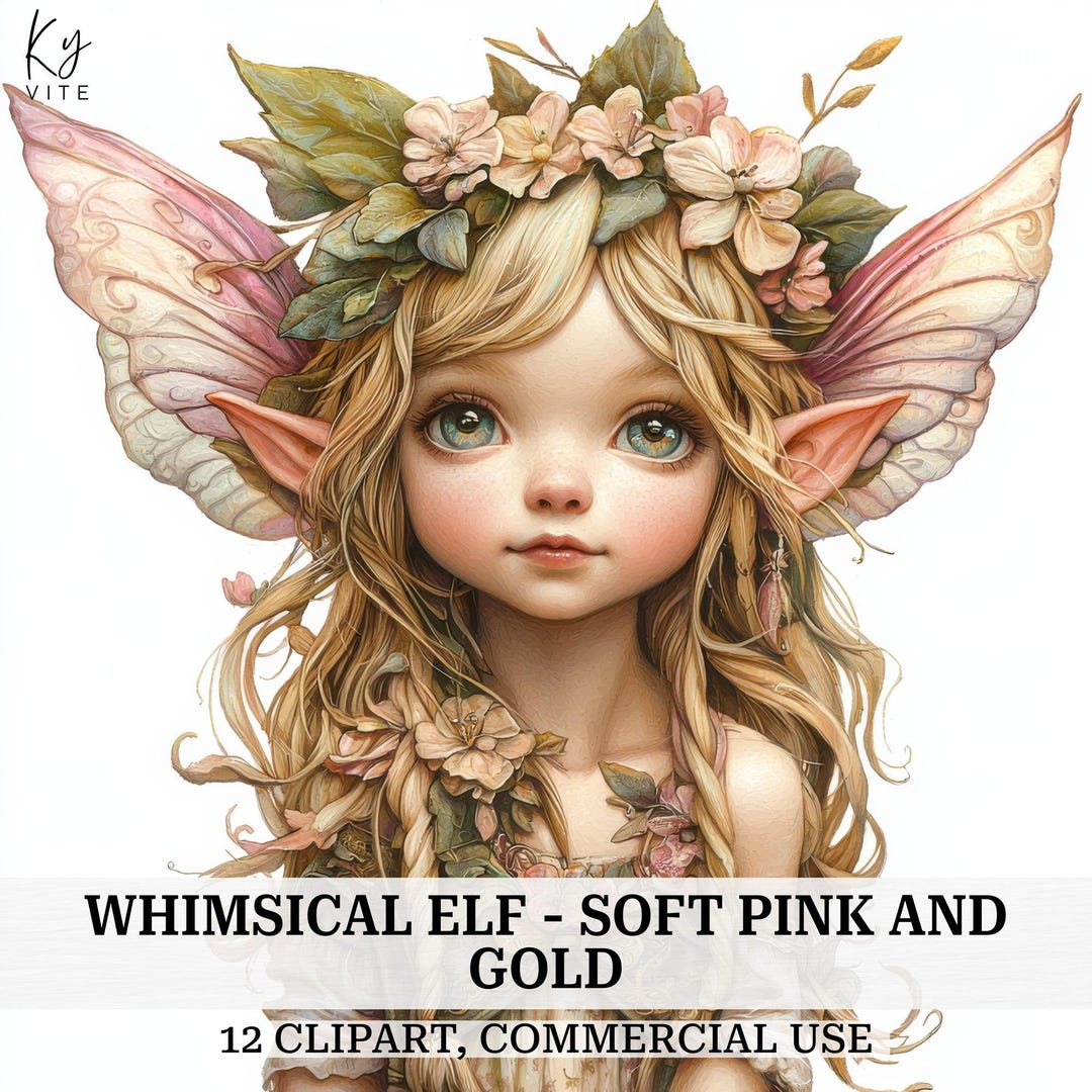 12 Elf Clipart, Pink and Gold Elf, Whimsical Elf, Printable Watercolor ...