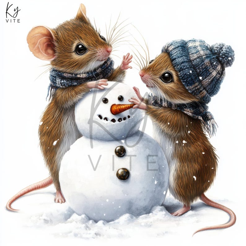 Winter Mice Clipart: Snowman Scene, Watercolor Christmas (digital ...