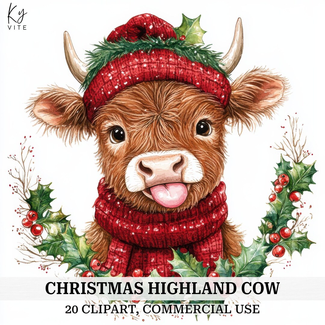 Christmas Highland Cow Watercolor Clipart: 20 Funny Winter Images ...