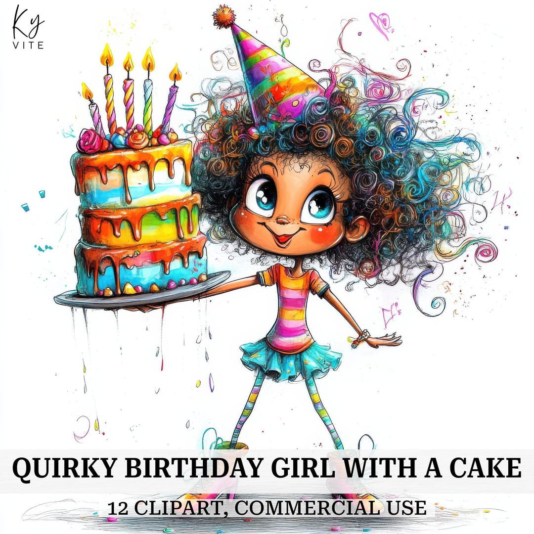 12 Frazzled Hair Birthday Girl Clipart, Quirky Girl, Printable ...