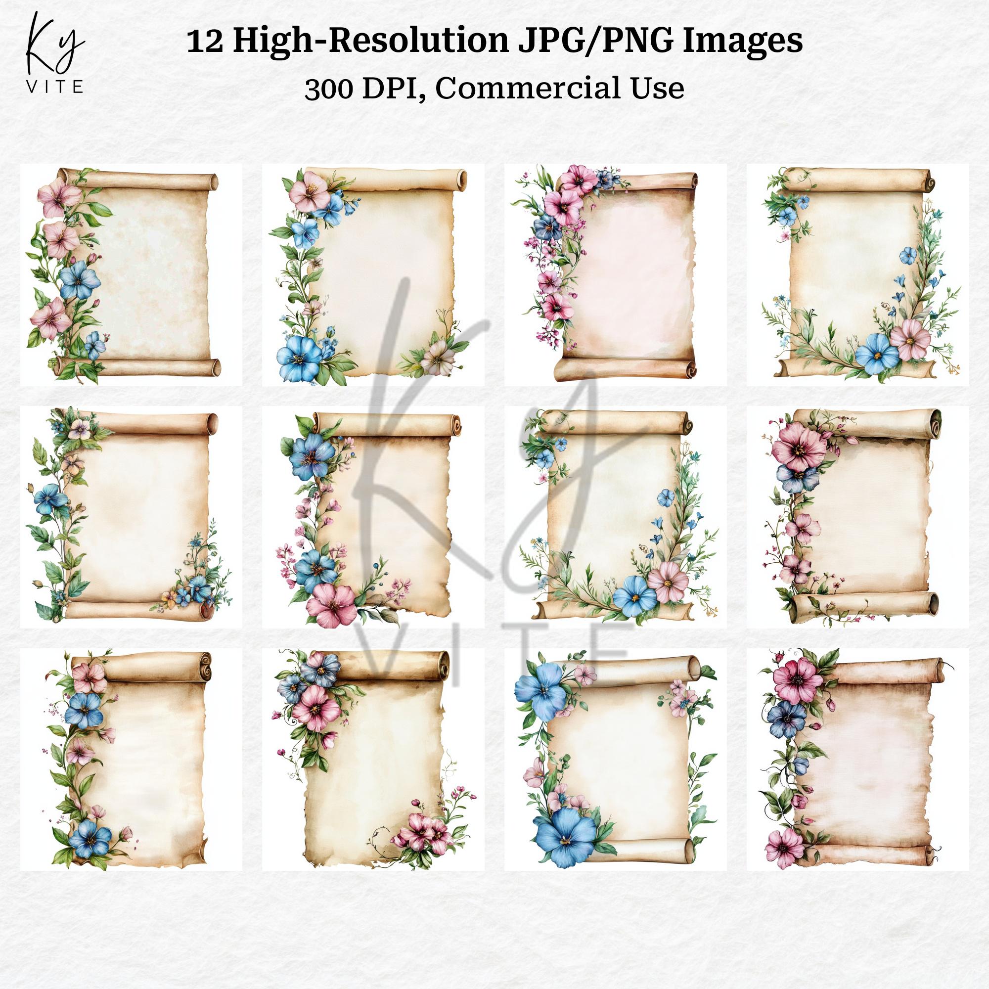 12 Vintage Scroll Clipart, Floral Paper Design, High Quality, Printable Watercolor Clipart ...