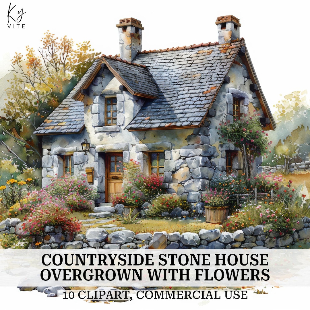 10 Countryside Stone House Clipart, House With Overgrown Flowers ...