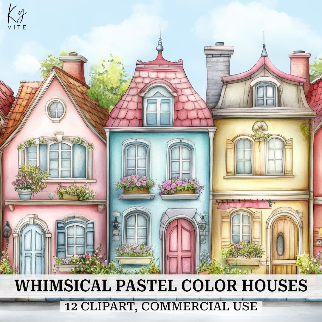 Pastel Houses Watercolor Clipart: Whimsical Row Houses (digital ...