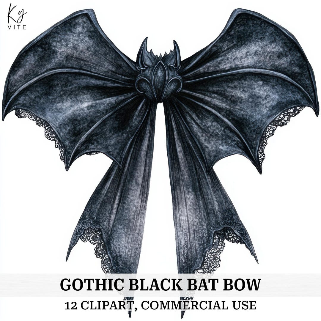 12 Gothic Black Bat Bows, Scalloped Bat Lace, Printable Watercolor ...