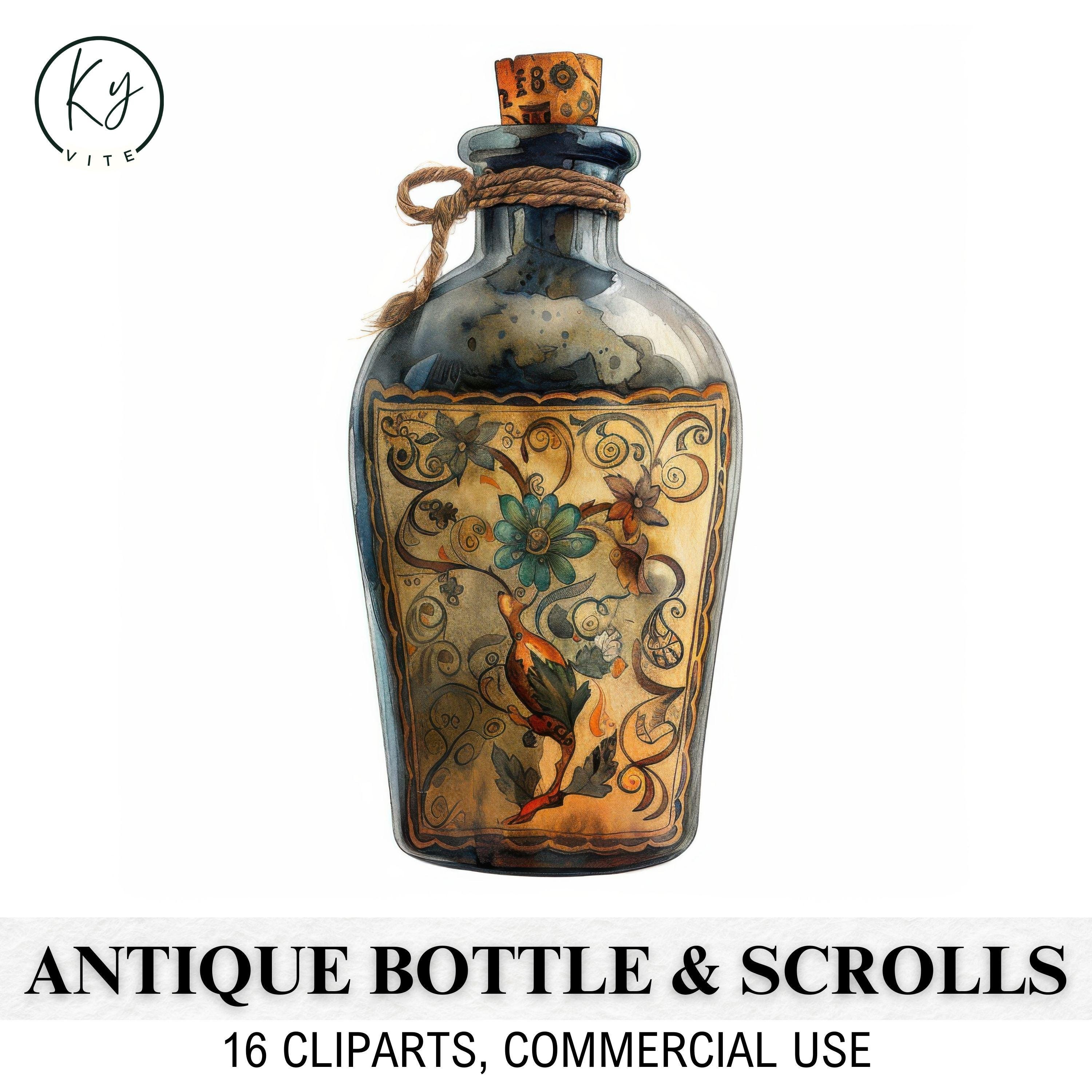16 Antique Bottle Clipart, Bottle With Scroll, Printable Watercolor ...
