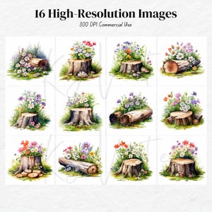 16 Tree Log Clipart, Wildflowers on Tree Trunks, Printable Watercolor ...