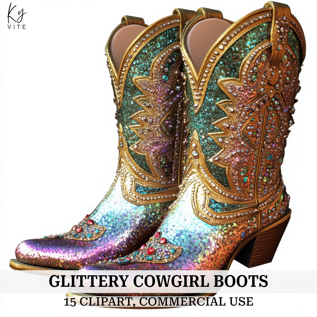 Glitter Cowgirl Boots Clipart: Rhinestone Watercolor (digital Download ...