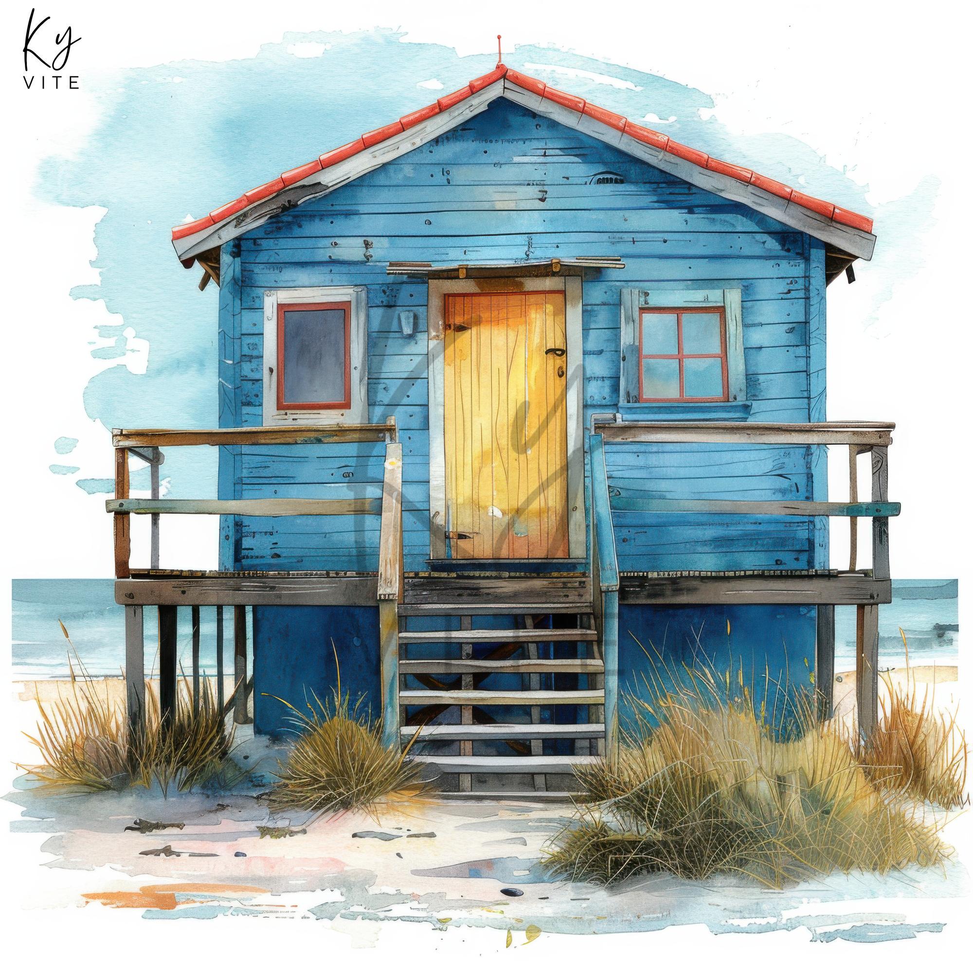 11 Whimsical Beach Hut Watercolor Clipart, Summer Beach House, Soft ...
