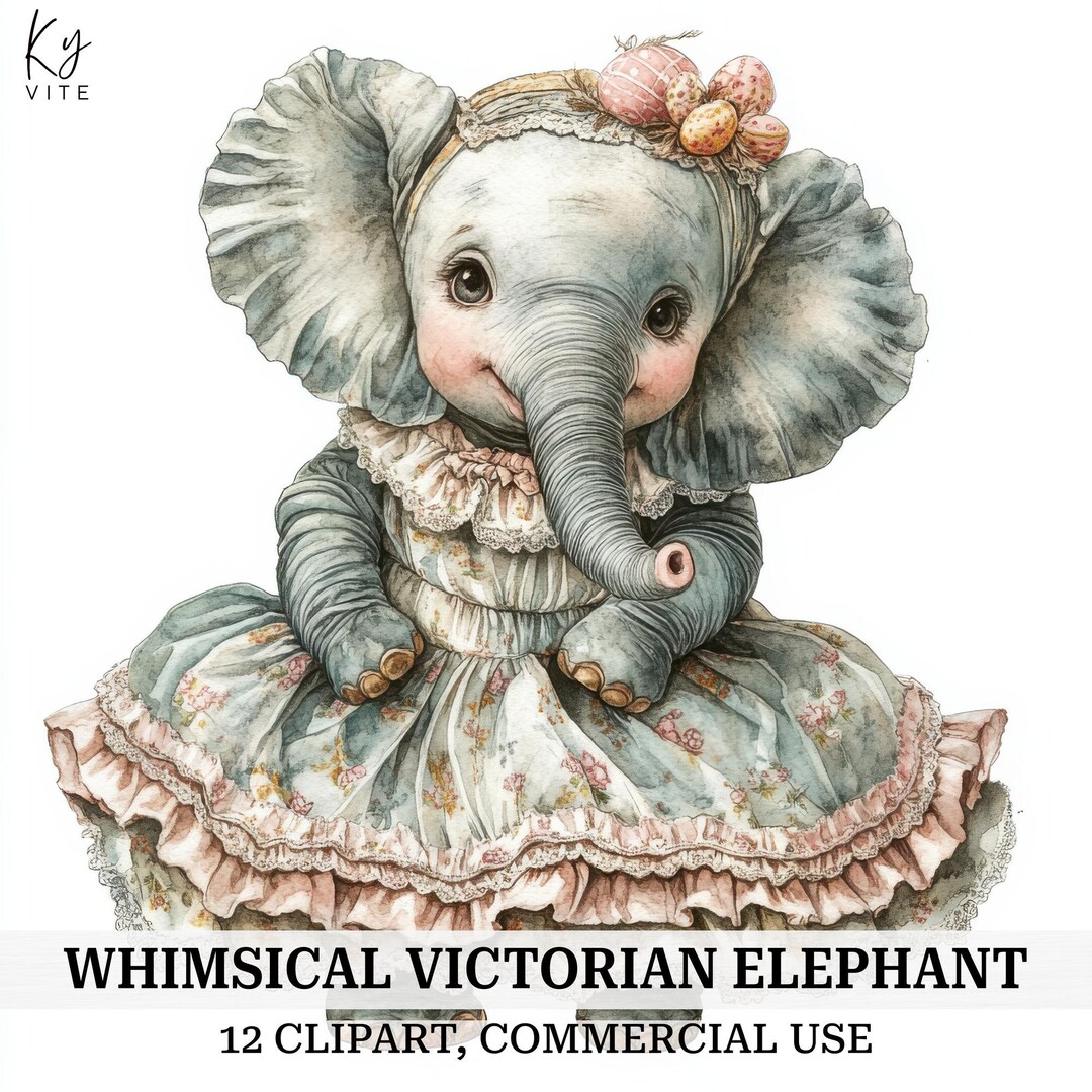 12 Whimsical Vintage Elephant Clipart, Victorian Elephant in a Dress ...