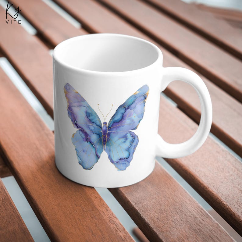 Marble Butterfly Clipart: Blue Purple Watercolor, Gold Line Art ...