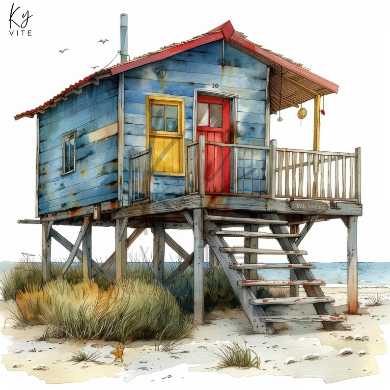 11 Whimsical Beach Hut Watercolor Clipart, Summer Beach House, Soft ...