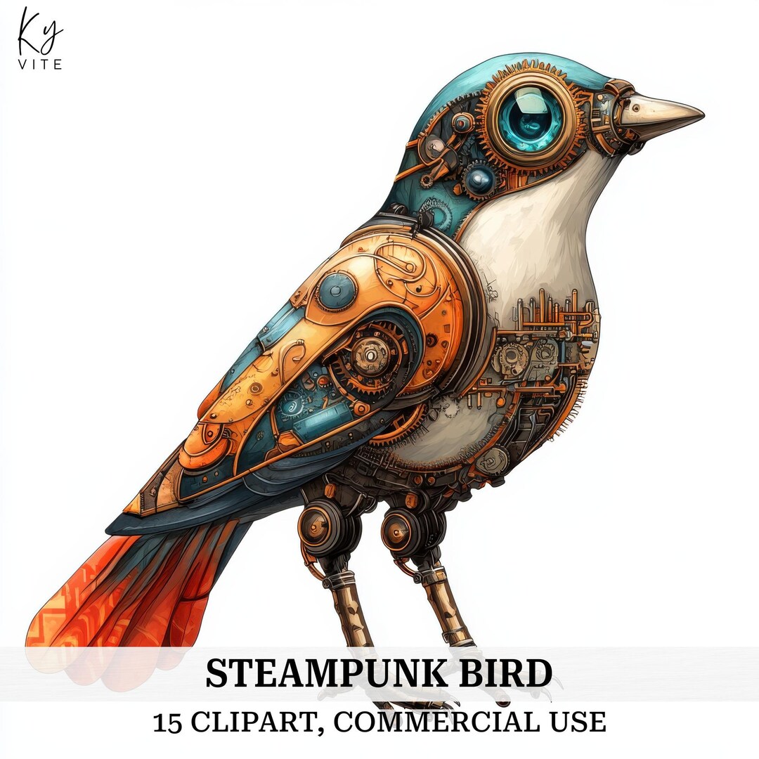 15 Steampunk Bird Clipart, Mechanical Bird Art, Printable Watercolor ...