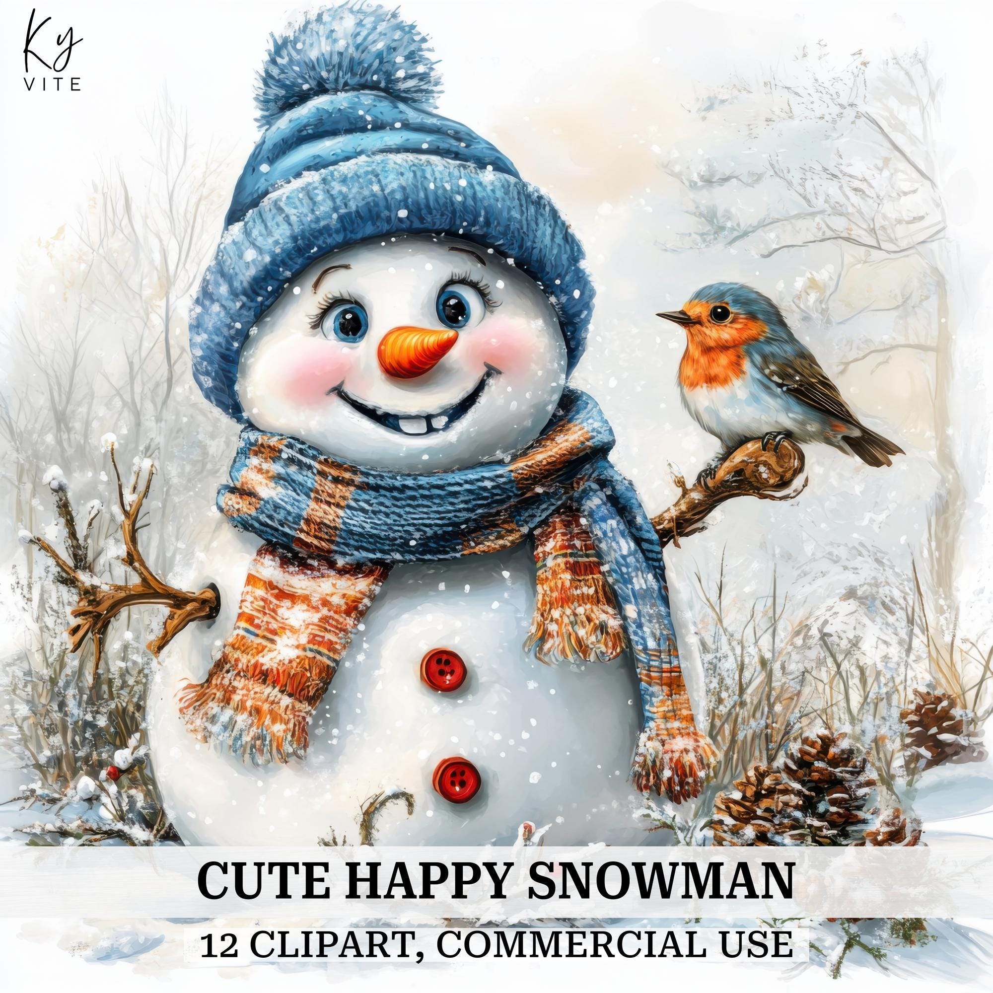12 Cute Happy Snowman Watercolor Clipart, Printable Winter Decor for ...