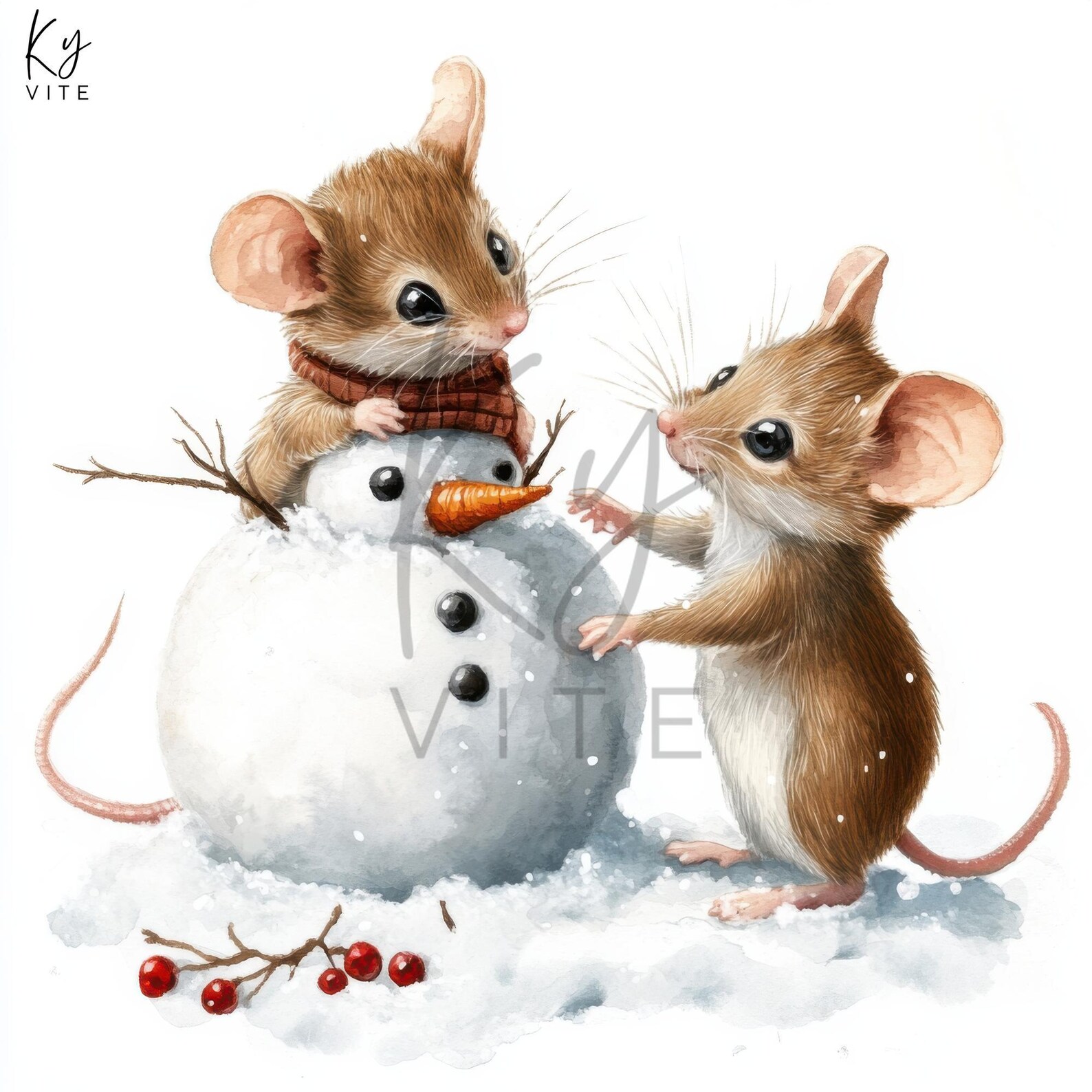 Winter Mice Clipart: Snowman Scene, Watercolor Christmas (digital ...