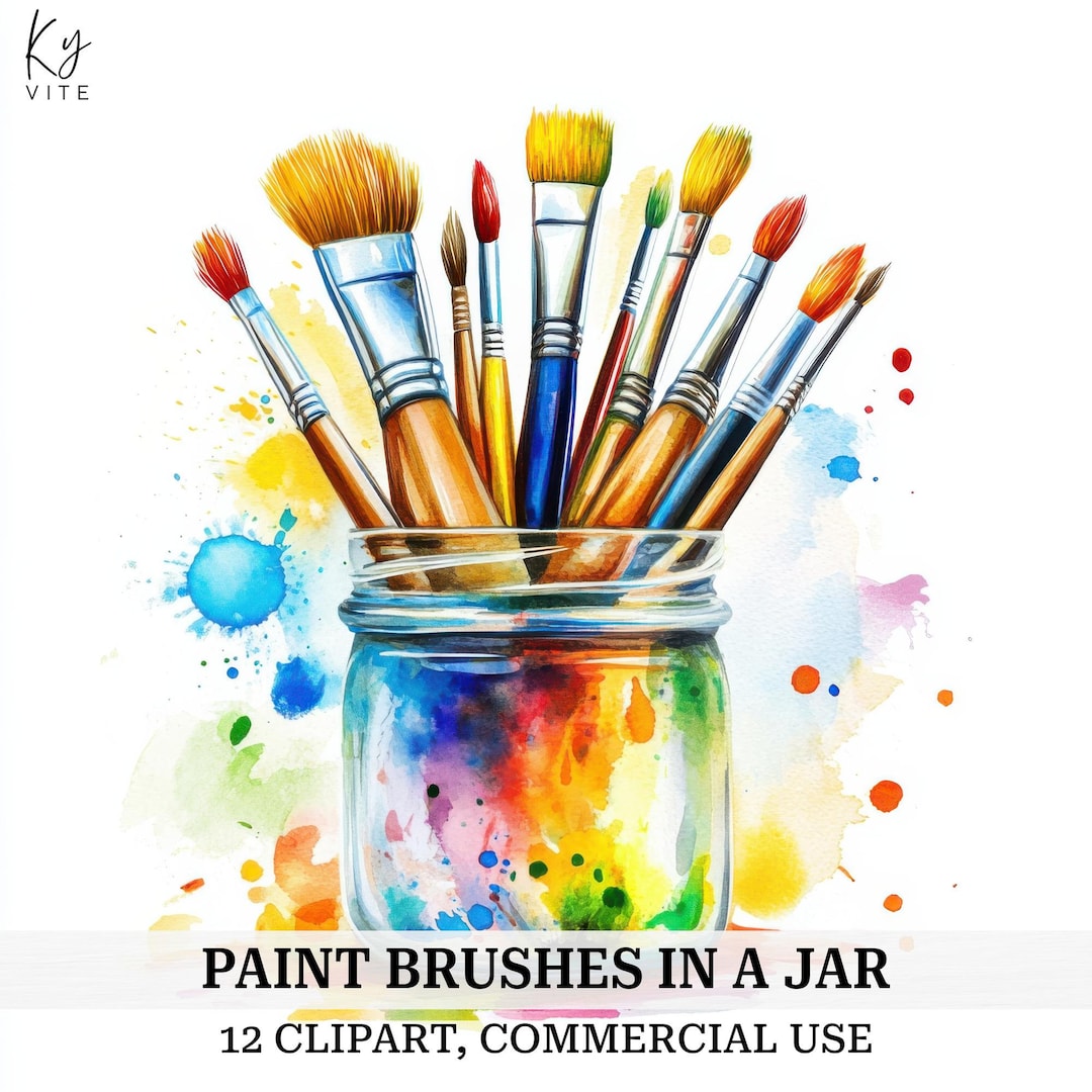 Watercolor Paint Brushes Clipart: Art Tools in Jar (digital Download ...
