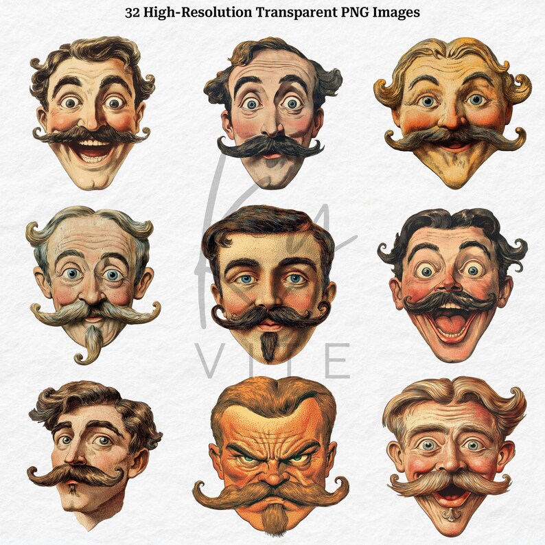 Funny Moustache Man Clipart: Vintage PNG Bundle (digital Download) - Etsy