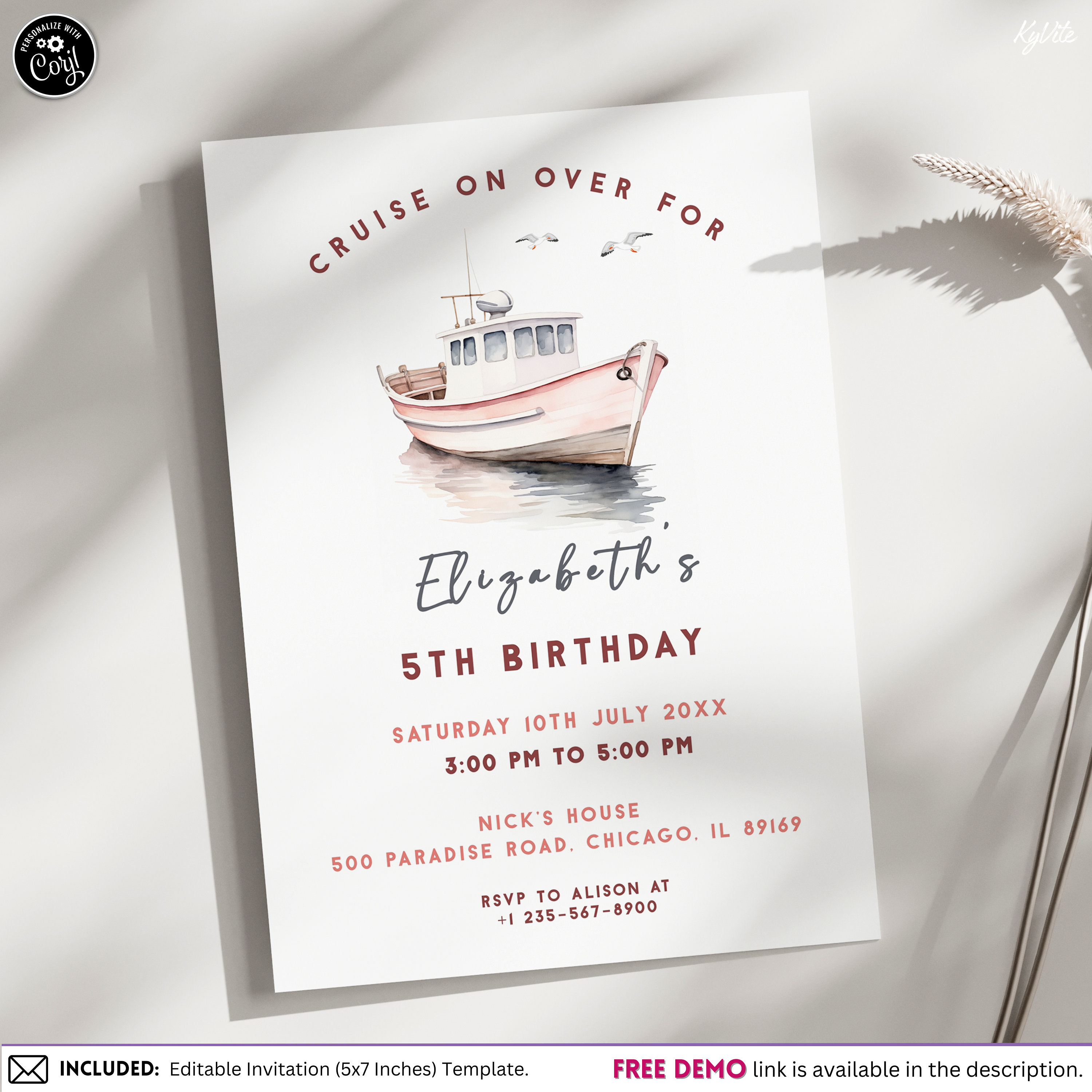 Editable Pink Boat Birthday Invite, Any Age Marine Invitation Template ...