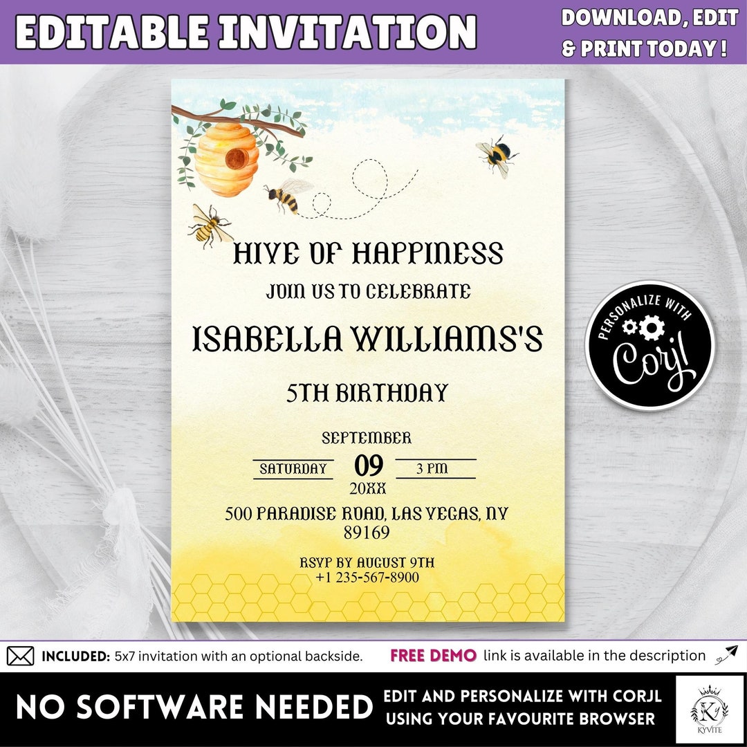 Editable Bee Birthday Invitation 5th Little Bee Birthday Party Editable ...