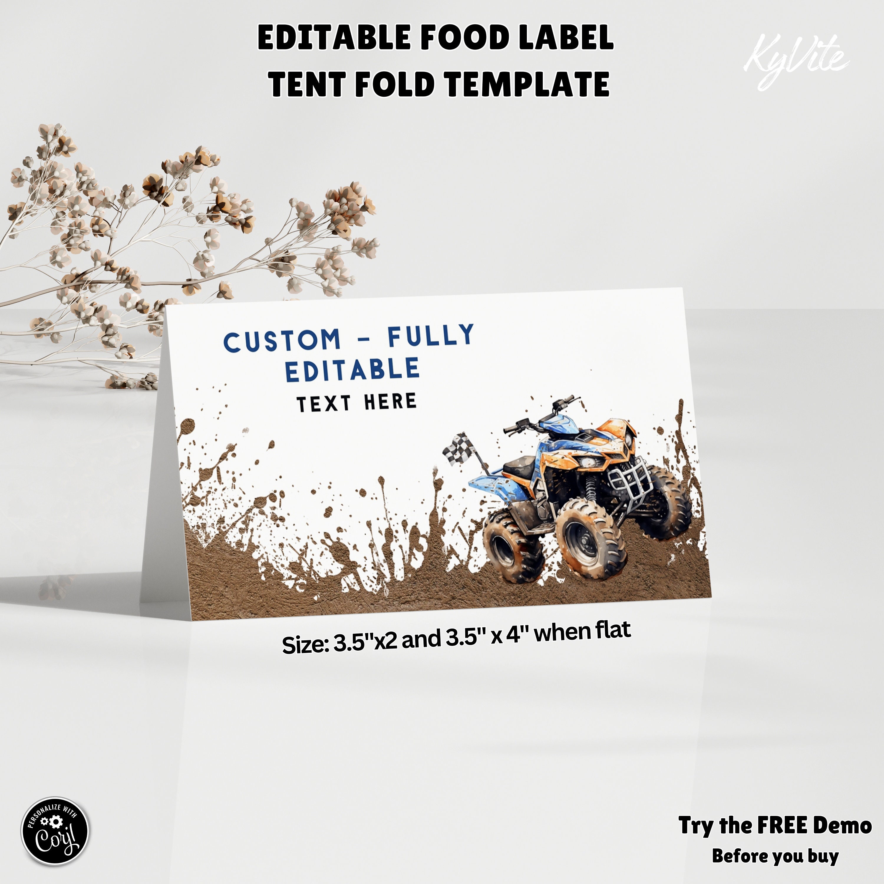 Editable Blue ATV Wheeler Bike Birthday Food Tent Folded/tilt Card, ATV ...
