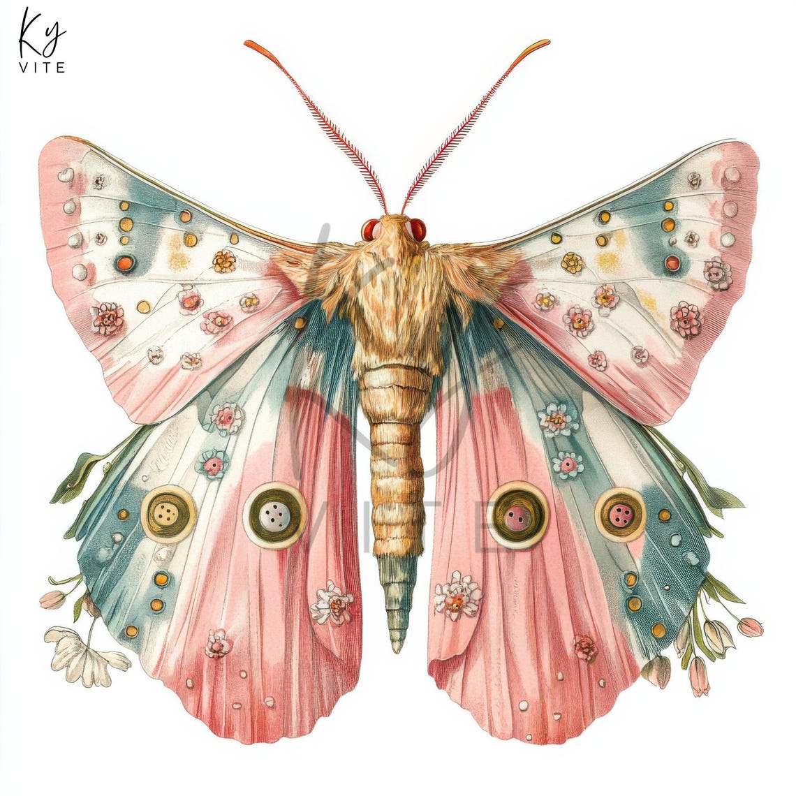 Pink Floral Moth Clipart: Watercolor Insect Illustrations (digital ...
