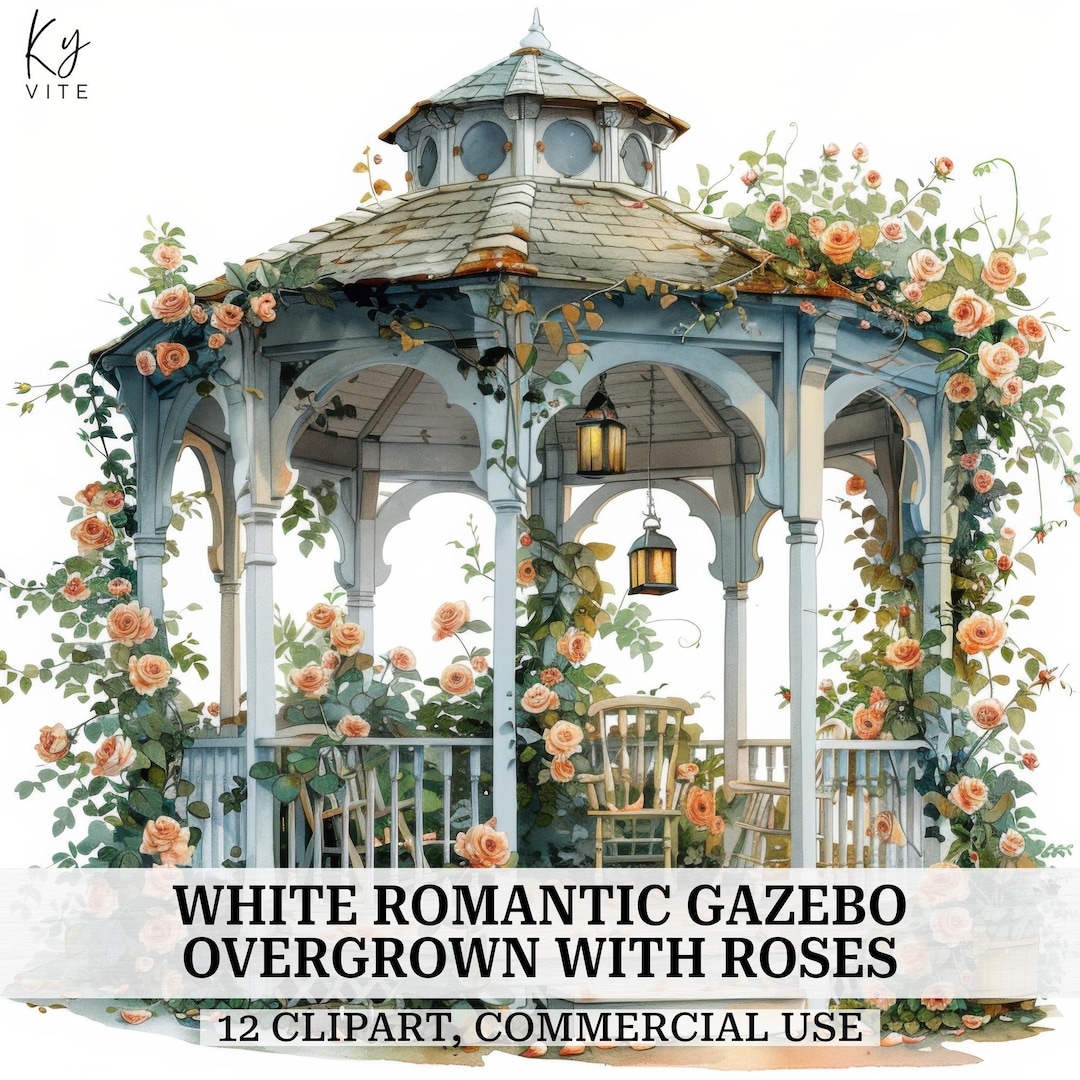 12 White Romantic Vintage Gazebo Clipart, Gazebo Overgrown With Rose ...