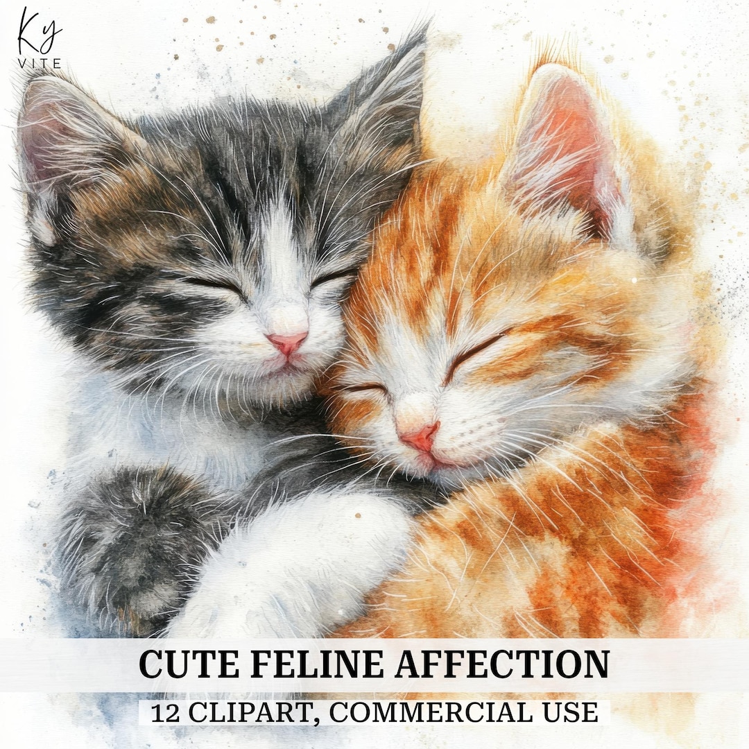 12 Snuggling Kittens Clipart, Kitten Love, Printable Watercolor Clipart ...