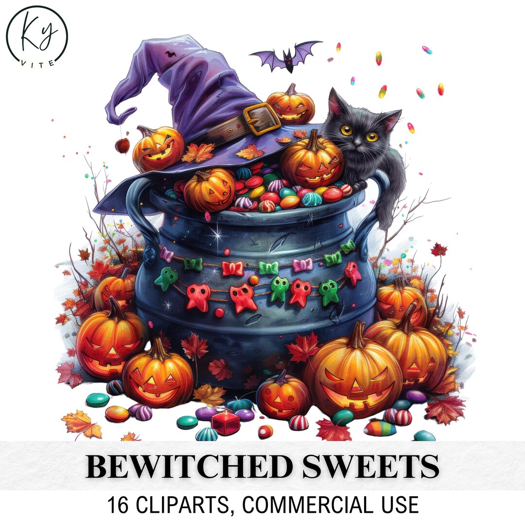 16 Candy-filled Cauldron Clipart, Candy Cauldron, Printable Watercolor ...
