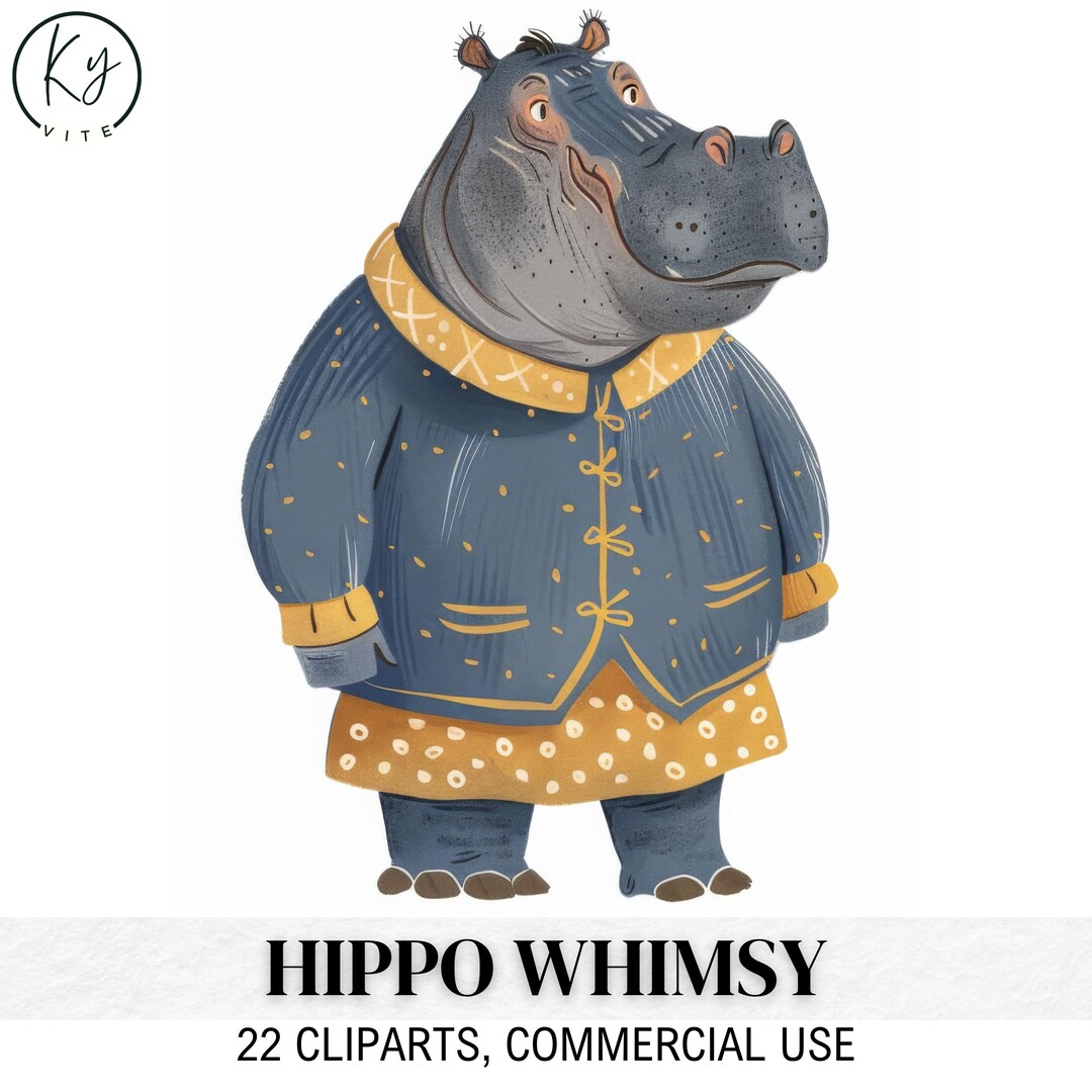 22 Hippo in Clothes Clipart, Adorable Hippo, Printable Watercolor ...