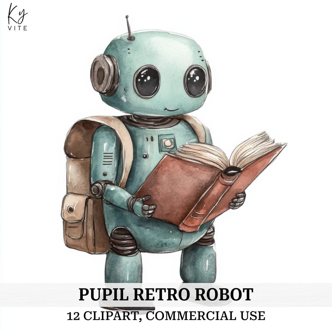 12 Pupil Retro Robot Clipart, Student Robot, Printable Watercolor ...