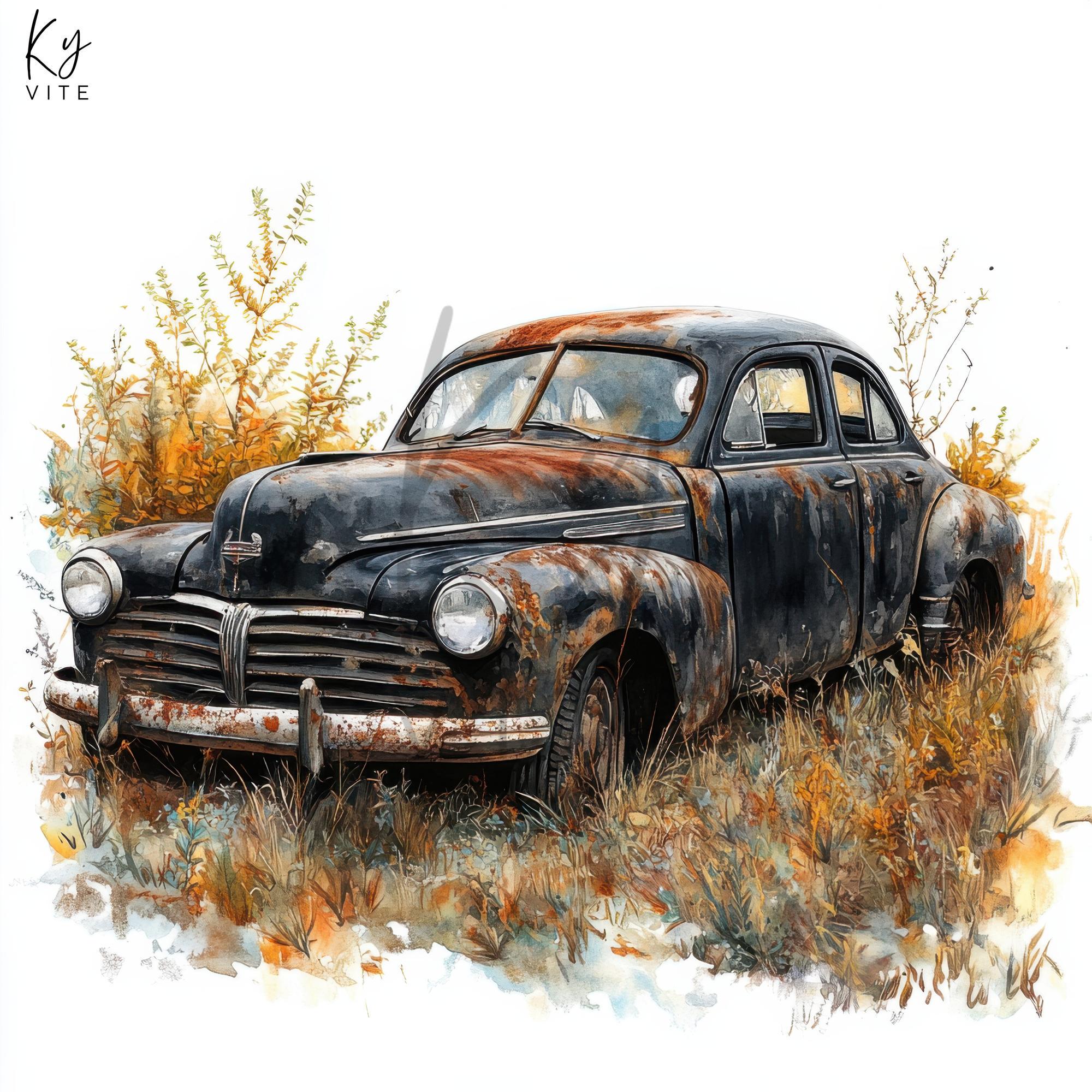 12 Vintage Car, Abandoned Rustic Car Watercolor Printable Clipart ...
