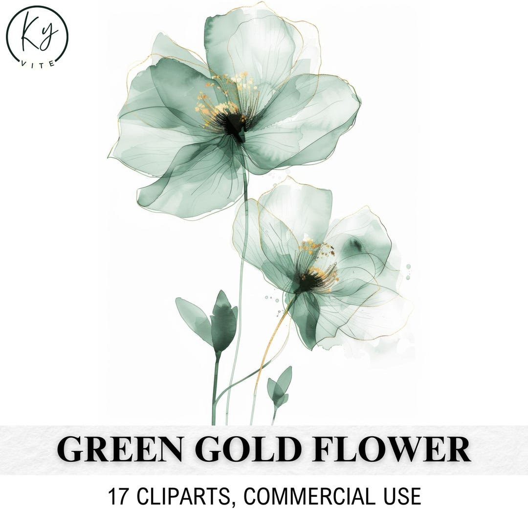 Green Gold Flower Clipart: Watercolor Floral Art (digital Download) - Etsy