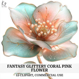 12 Coral Pink Flower Clipart, Whimsical Flower, Printable Watercolor ...
