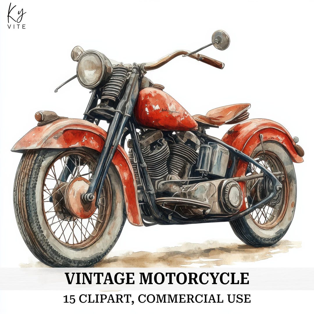 15 Vintage Motorcycle Clipart, Classic Motobike, Printable Watercolor Clipart, Paper Craft ...