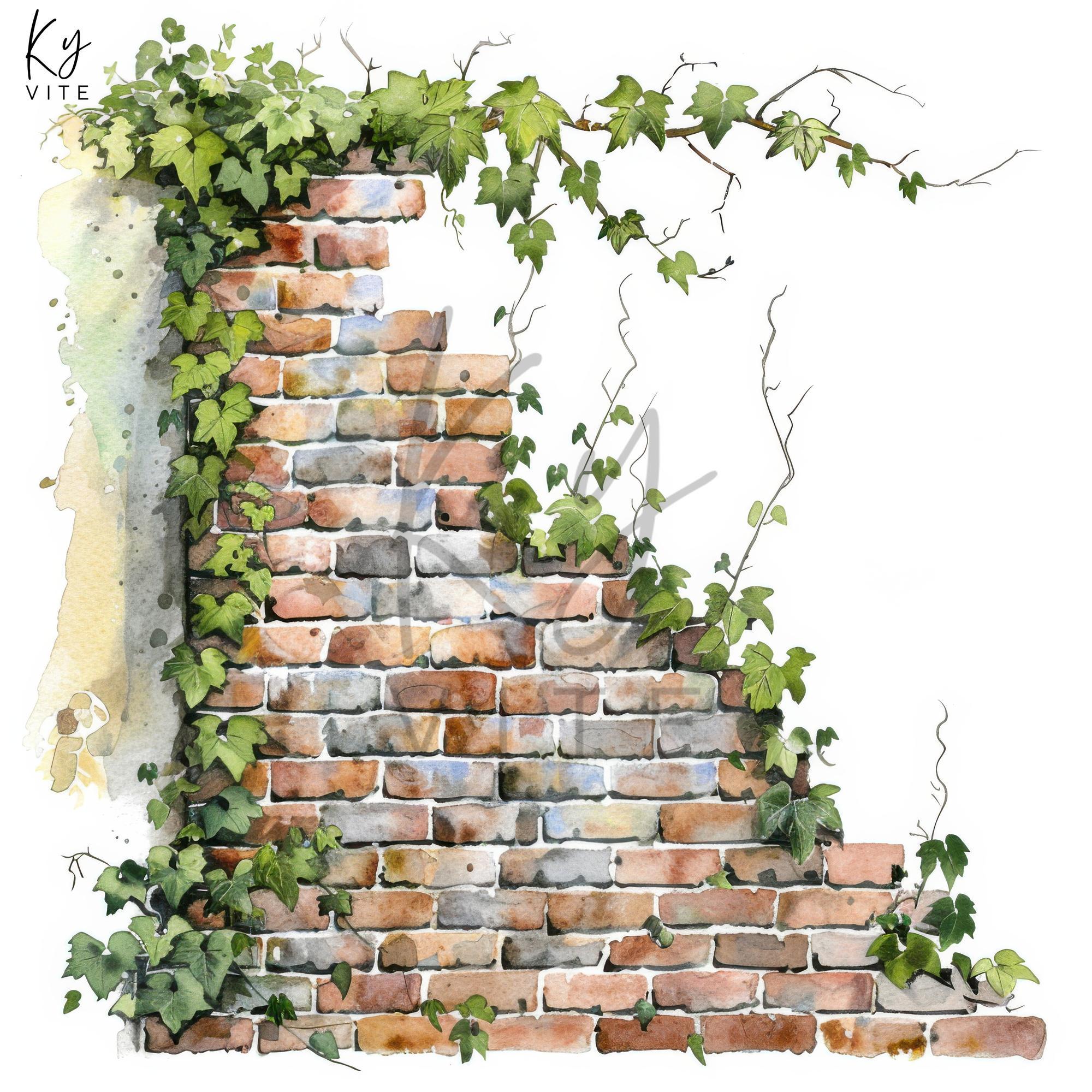 12 Watercolor Brick Wall and Vines Clipart, Printable Vintage Brick ...